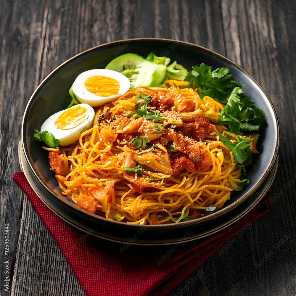 A serving of nangyi thoke, Myanmar’s dry noodle salad, made with thick ...