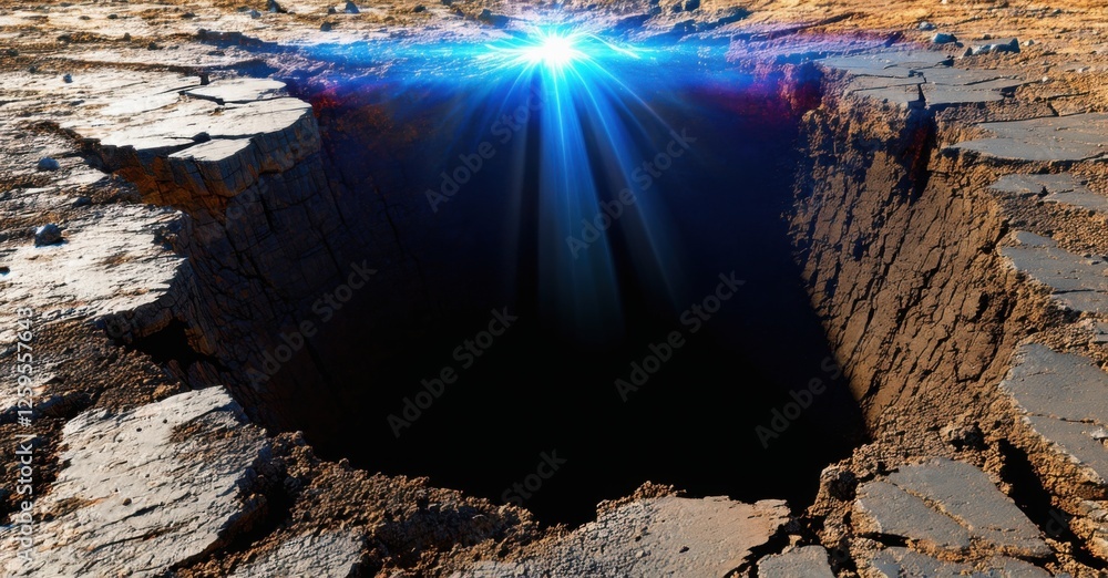 A deep, dark sinkhole with crumbling edges opens in the cracked earth ...
