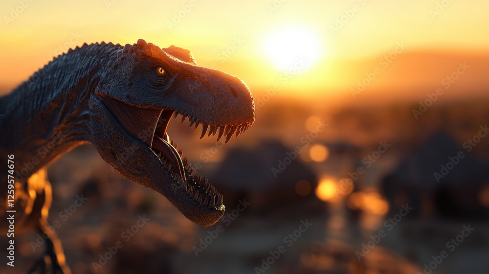 T-rex shadow towering over a deserted prehistoric village Stock ...