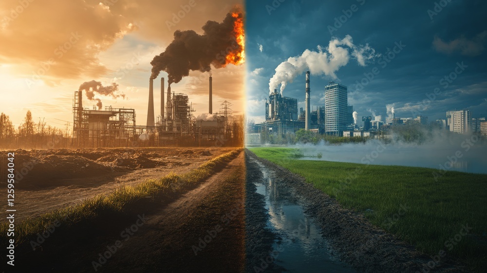 Burning fossil fuels on one side, and a glowing green energy future on ...