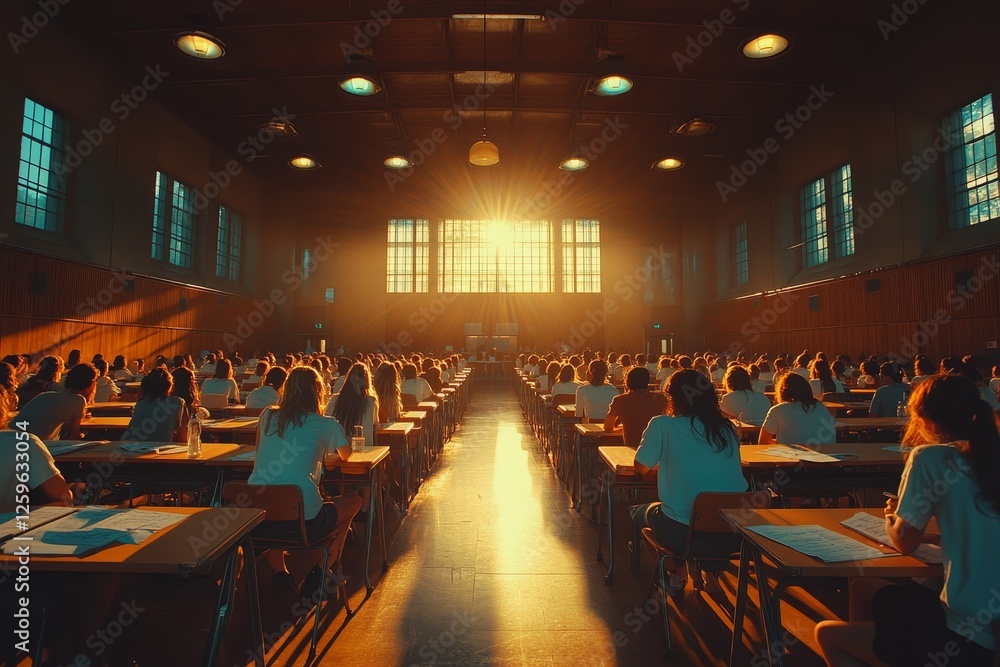 Students taking exam, hall, sunset. Education, hope Stock Photo | Adobe ...