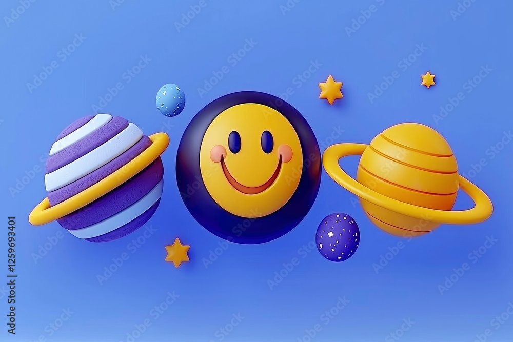 Happy Smiley Face Planets in Space - 3D Render Stock Illustration ...