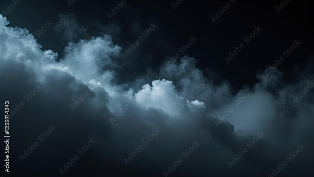 Thick fog rolling across a deep black background, with soft, billowing ...