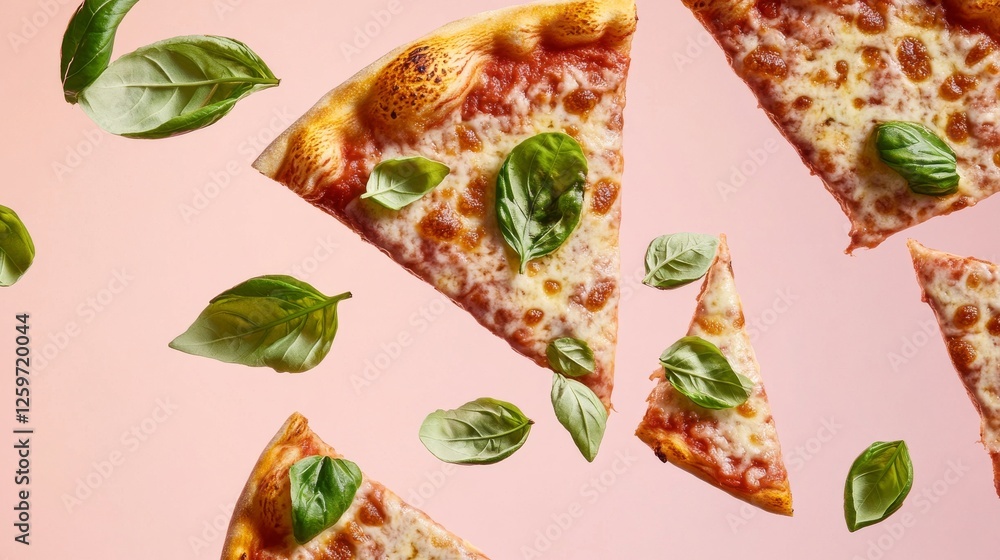 contemporary food photography, ascending pizza pieces, drifting basil ...
