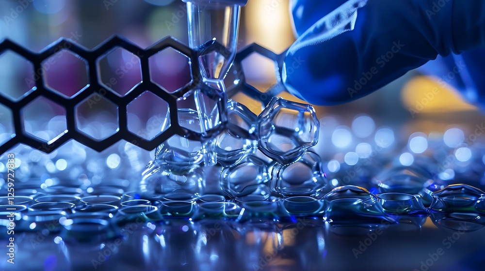 Scientist examines 3D printed honeycomb structure with microscope for ...