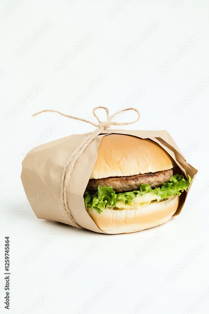 Burger wrapped in craft paper, side view on white background. Studio ...