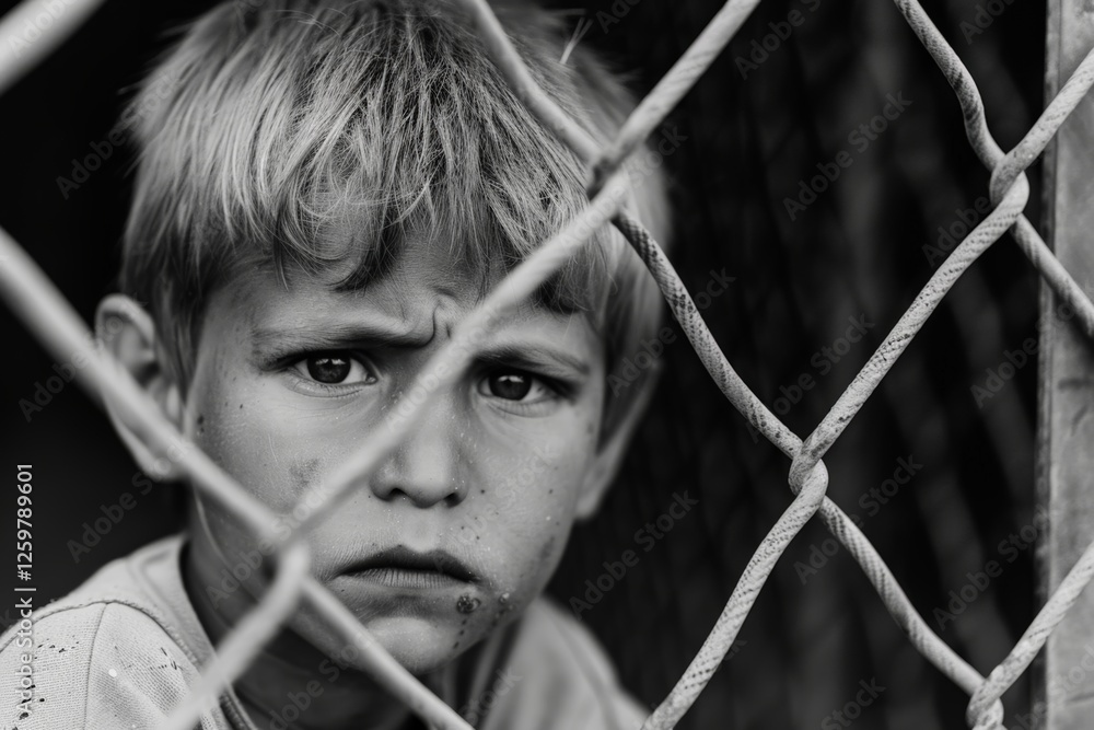 Struggle For Human Rights Day. Black and white portrait of a sad child ...