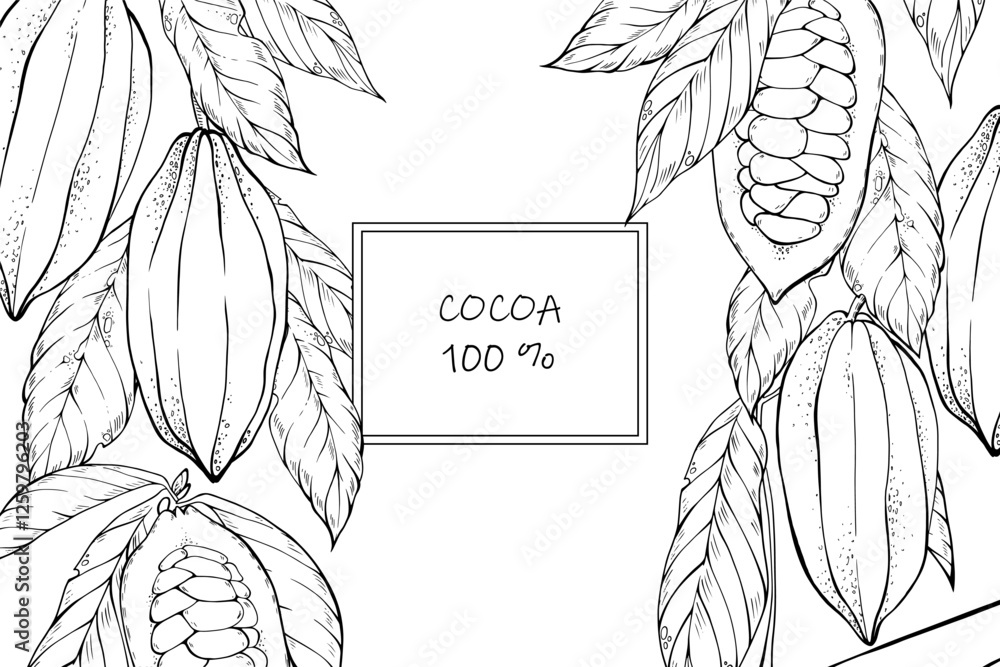 Hand drawn vector frame with doodle cocoa beans and leaf suitable for ...