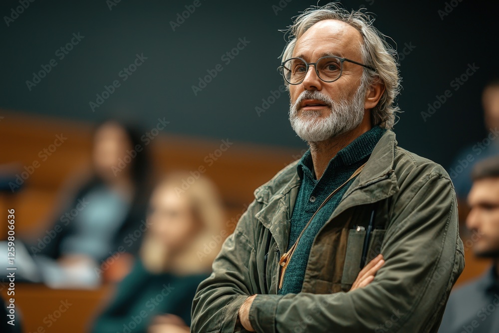 Lecturer gives an educational lecture he has deep knowledge in his ...