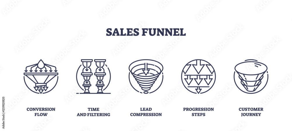 Sales funnel icons outline key stages, conversion flow, lead ...