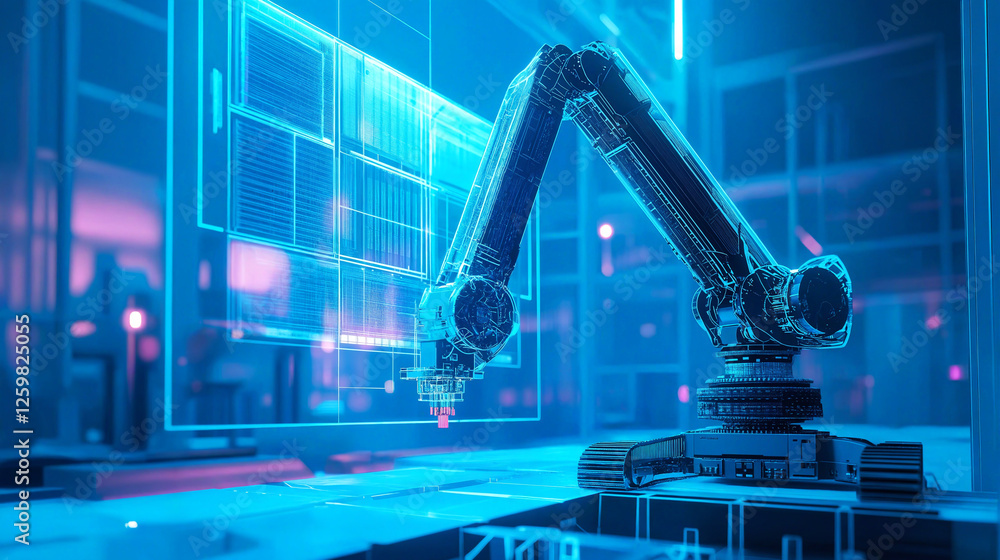 AI-powered robotic arms installing self-healing glass panels in a ...