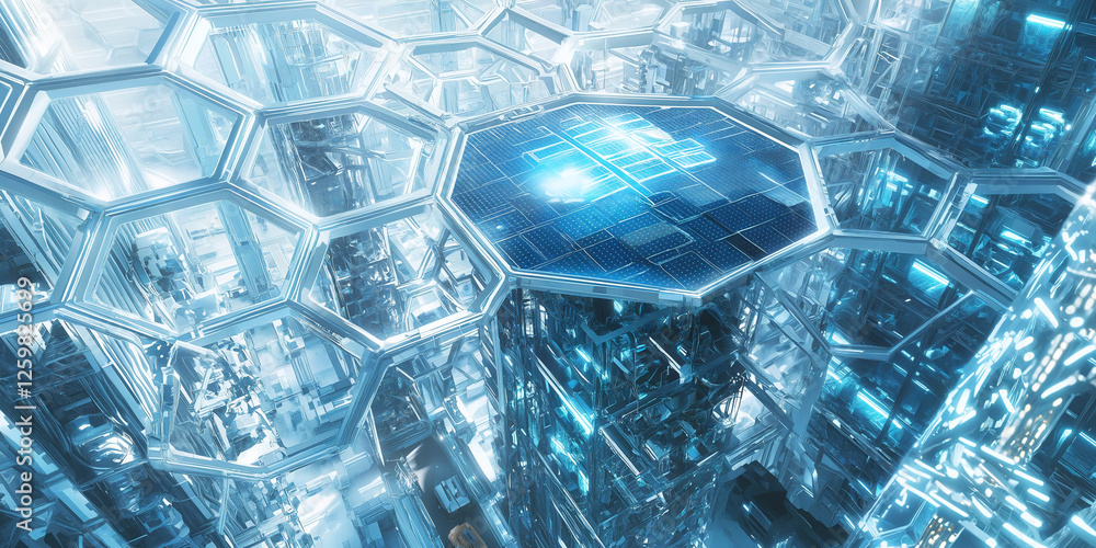 Aerial view of an AI-powered data center with a hexagonal glass roof ...
