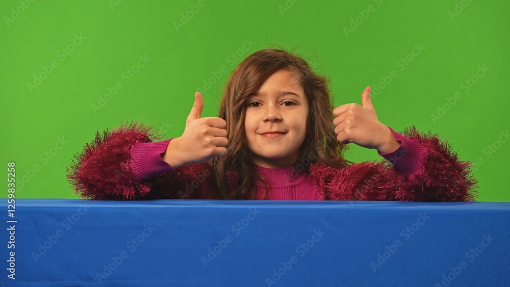 Little girl child peeks out and shows thumbs up, positive expression, isolated on chroma key ...