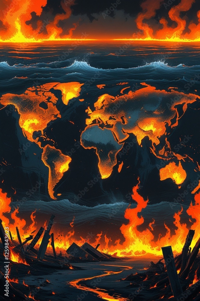 Ilustrace world map on fire, burning world map, map engulfed in flames ...