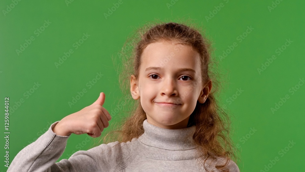 Little girl child looks at camera and shows thumb up hand sign, positive expression, isolated on ...