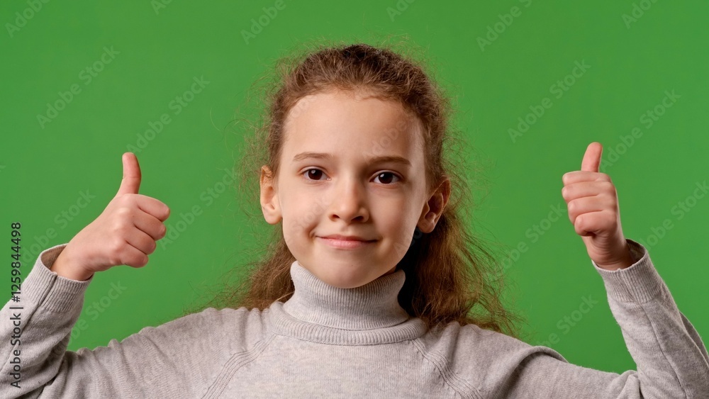 Little girl child looks at camera and shows thumb up hand sign, positive expression, isolated on ...