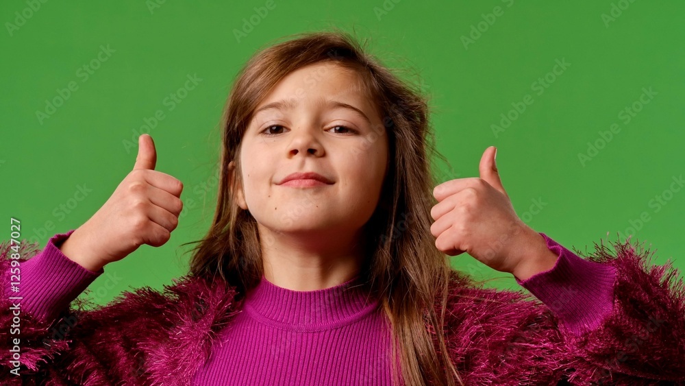 Smiling girl child looks at camera and shows thumb up hand sign, positive expression, isolated ...