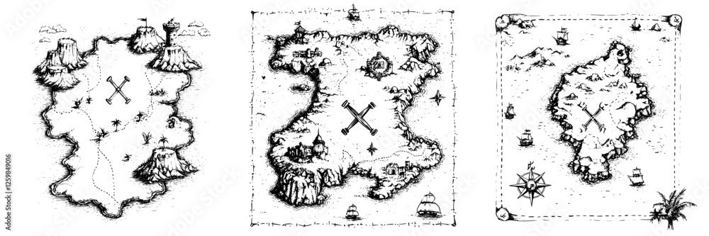 Old treasure maps featuring islands with volcanoes, ships, and marked ...
