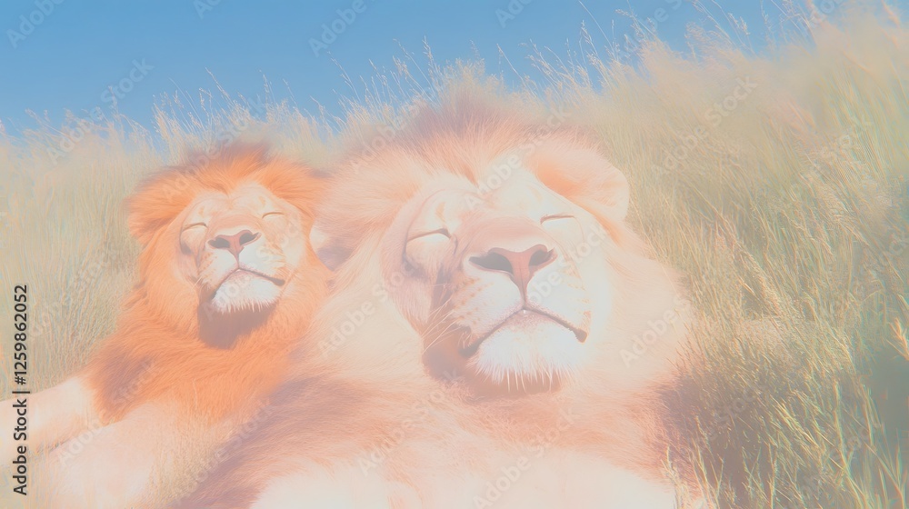 Two majestic lions resting peacefully in the lush golden grass of the ...