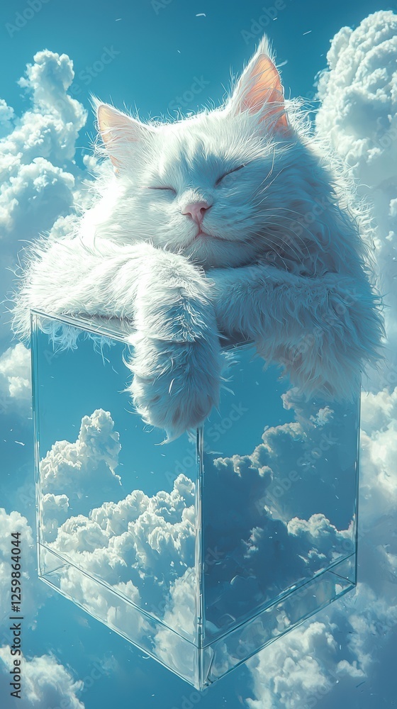 Dreamy giant cat naps on a floating mirrored cube in the sky Stock ...