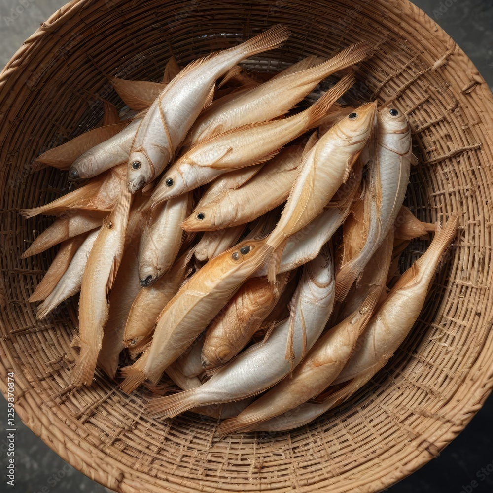 Thin, brittle string of dried fish in a wicker basket, natural ...