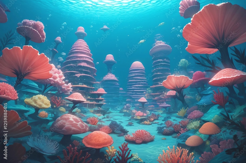 Subaquatic City of Fungi-Like Structures. A vibrant colorful underwater ...