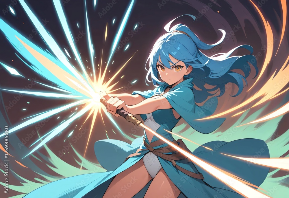 Anime girl wielding magical sword in dynamic action pose. A vibrant ...