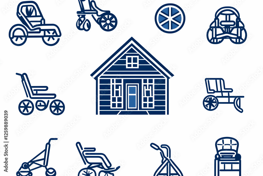Mobility aid icons centered with small home background and ...