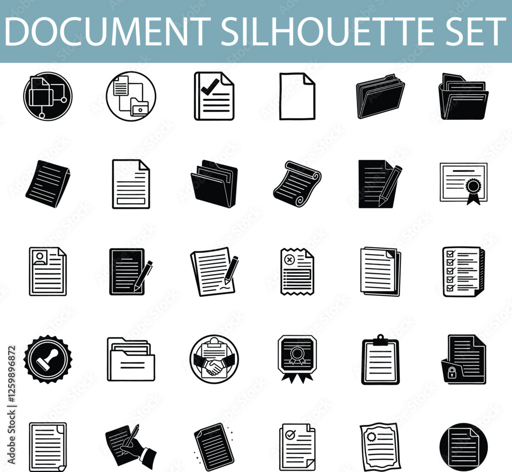 Document Silhouettes Icons, Folders, Files, Paper, Set, Checklist ...