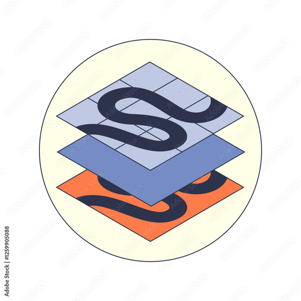Stacked map layers with winding paths symbolize data integration and spatial analysis. Stock ...