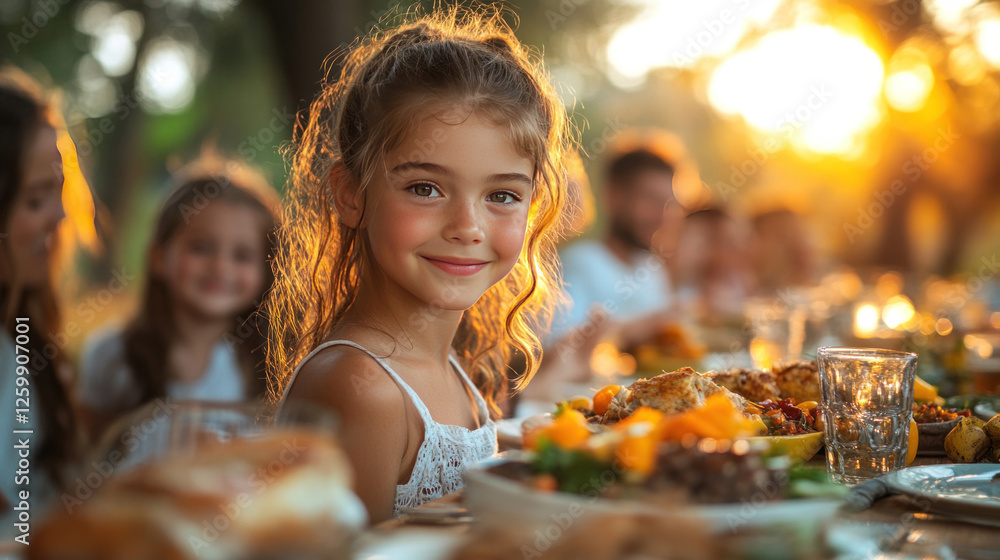 Summer holiday family reunion picnic with long tables, games, and ...