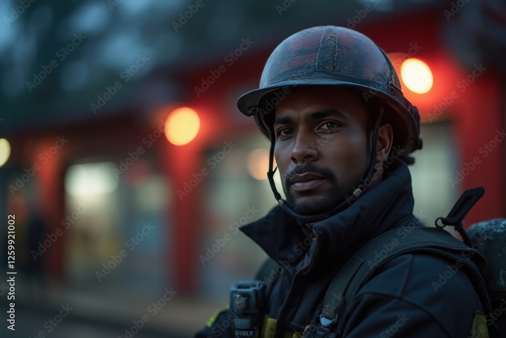 40 years old Bangladeshi male firefighter looking at camera against ...