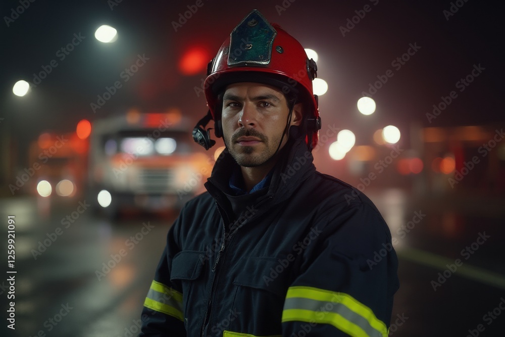 40 years old Brazilian male firefighter looking at camera against ...