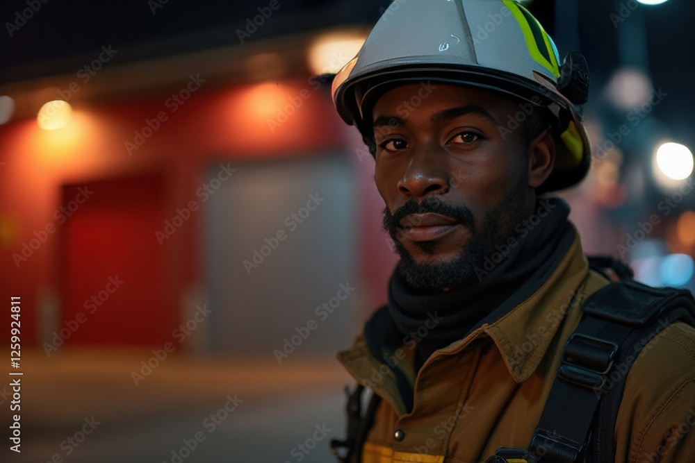 40 years old Gambian male firefighter looking at camera against blurred ...