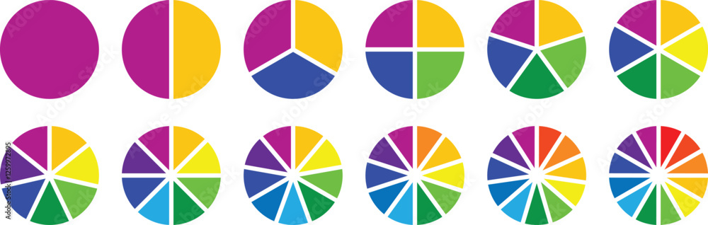 Pie chart set. Different color circles. Pie chart divided 1, 2, 3, 4, 5 ...