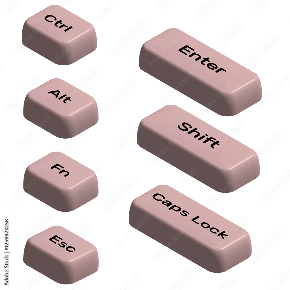 3D rendered illustration of keyboard keys including Enter, Shift, Ctrl ... 3D rendered illustration of keyboard keys including Enter, Shift, Ctrl ...