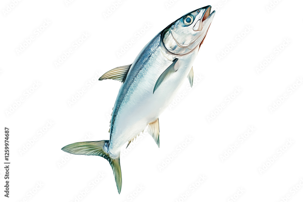 Fresh mackerel fish with detailed scales and fins isolated on white ...
