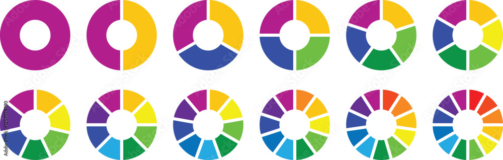 Pie chart set. Different color circles. Pie chart divided 1, 2, 3, 4, 5 ...
