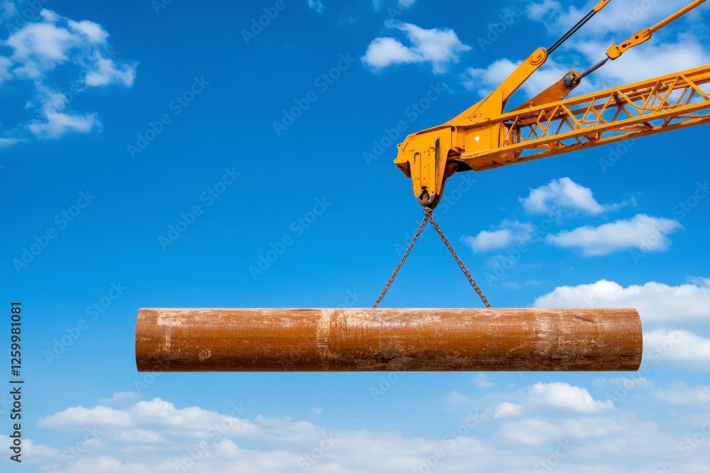 Large construction crane lifting a heavy cylindrical object against a ...