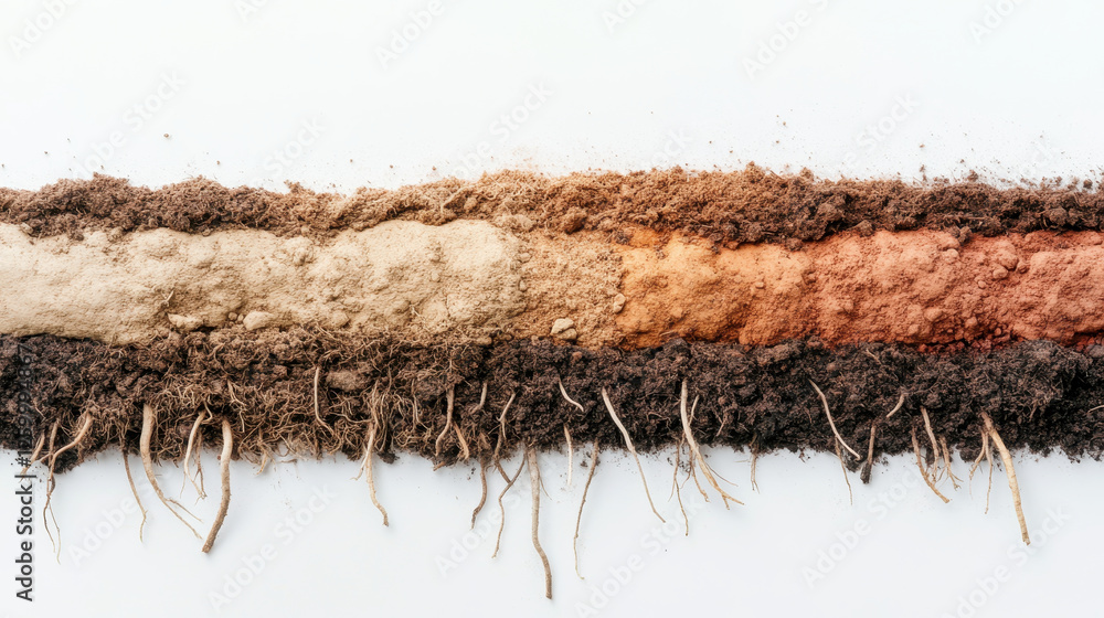 Cross section view of soil layers showing different organic materials ...