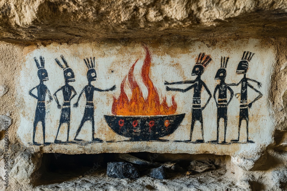Ancient rock art depicting a ceremonial fire gathering among tribes in ...