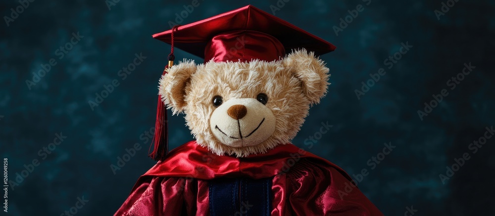 Teddy bear wearing a red graduation cap and gown on a dark blue ...