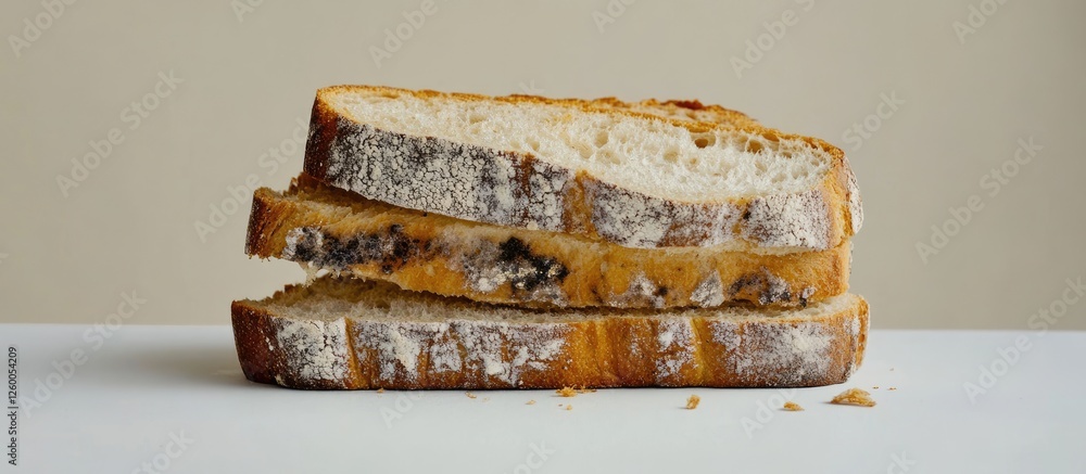 Moldy sliced bread resting on a clean white surface with beige ...