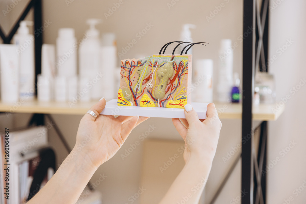 Beautician demonstrating anatomical model of skin structure with hair ...