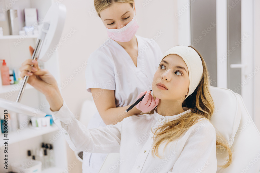 Cosmetologist marking facial injection sites for botox procedure in ...