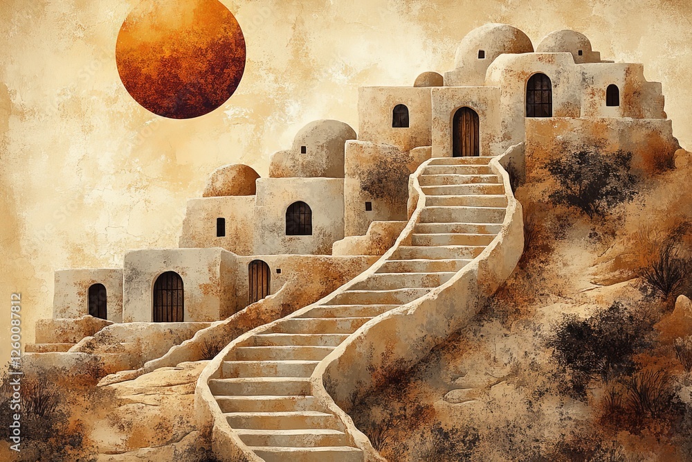 Climbing the ancient stone steps towards desert dwellings under a ...