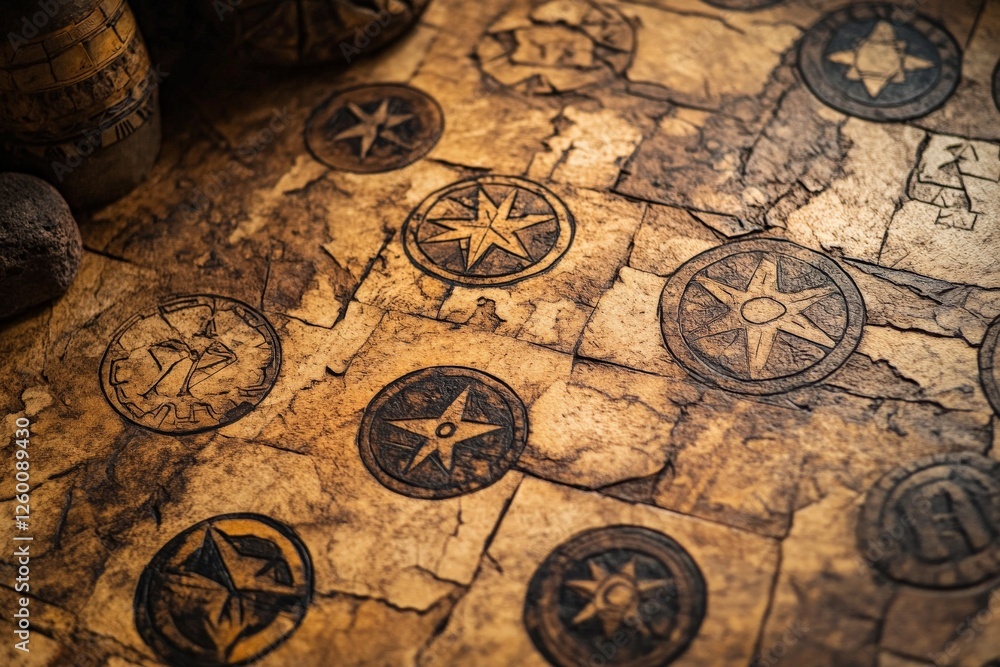 Detailed map featuring ancient symbols and compass designs for treasure ...