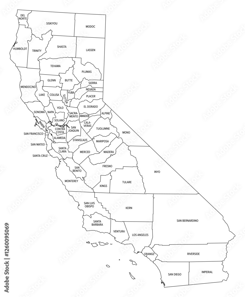 State of California divided into counties, outline map. State in the ...