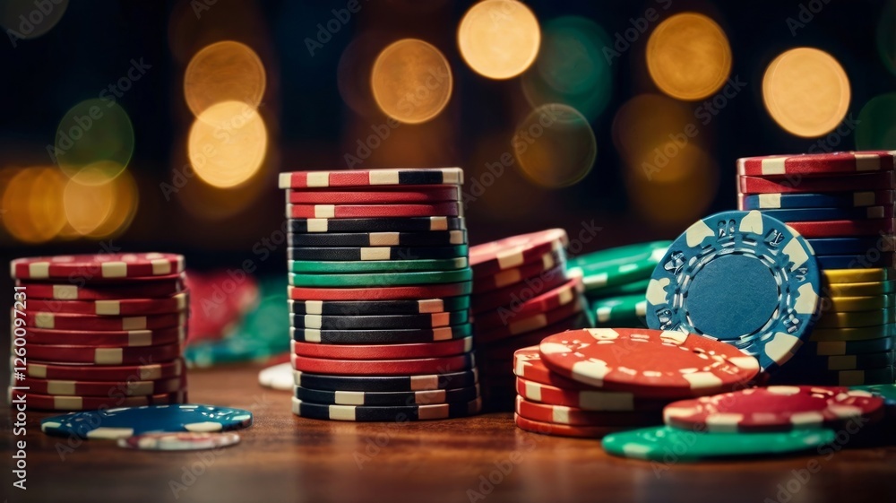 Neatly stacked poker chips of various colors on a table with bokeh ...