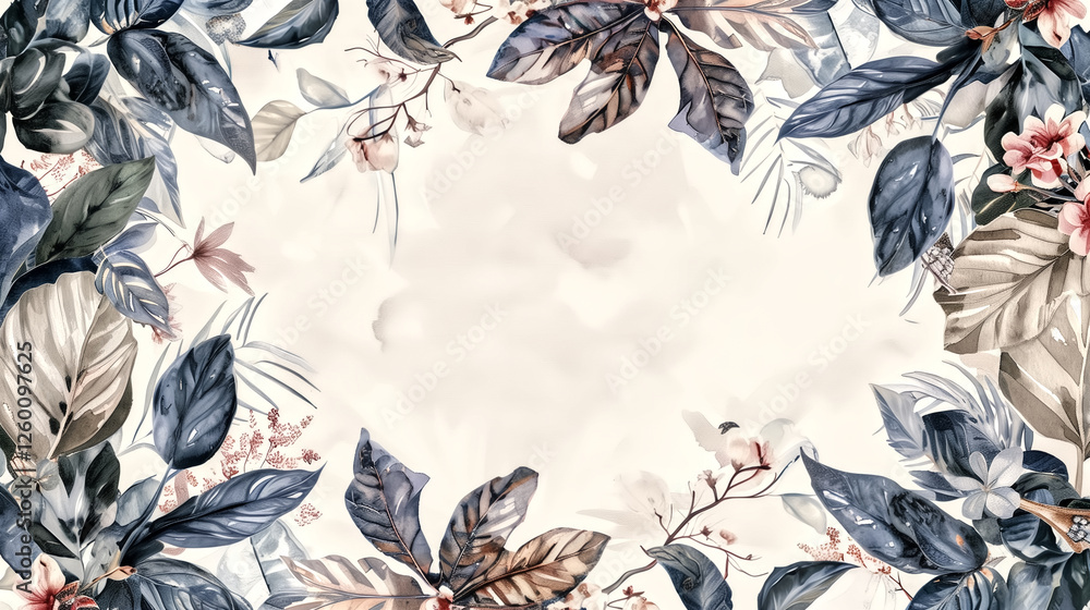 watercolor invitation card design with leaves background with f Stock ...